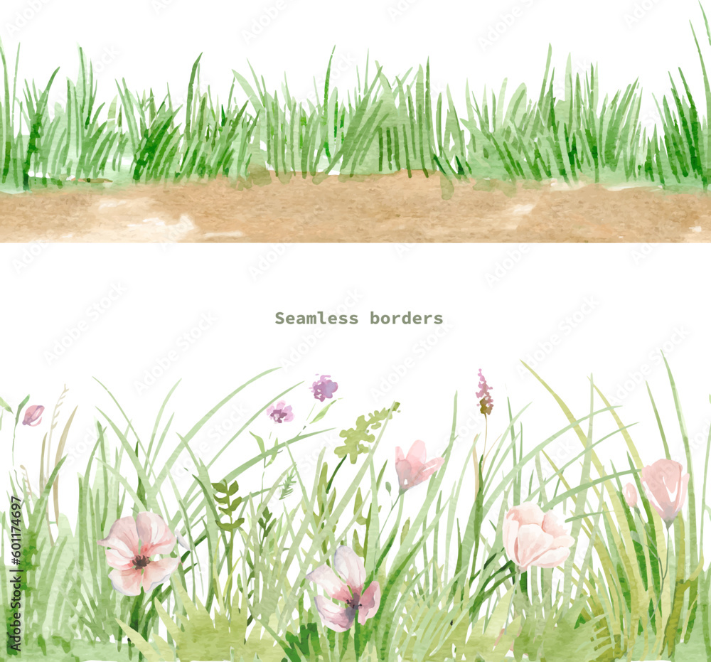 Vector watercolor of green seamless grass, grass border, hand drawn ...