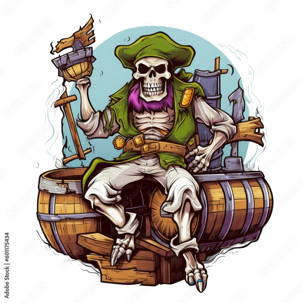 A comical pirate skeleton t-shirt design with a skeleton wearing an ...