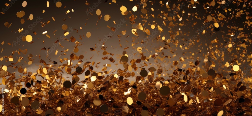 raining gold confetti isolated on black, party background concept with ...