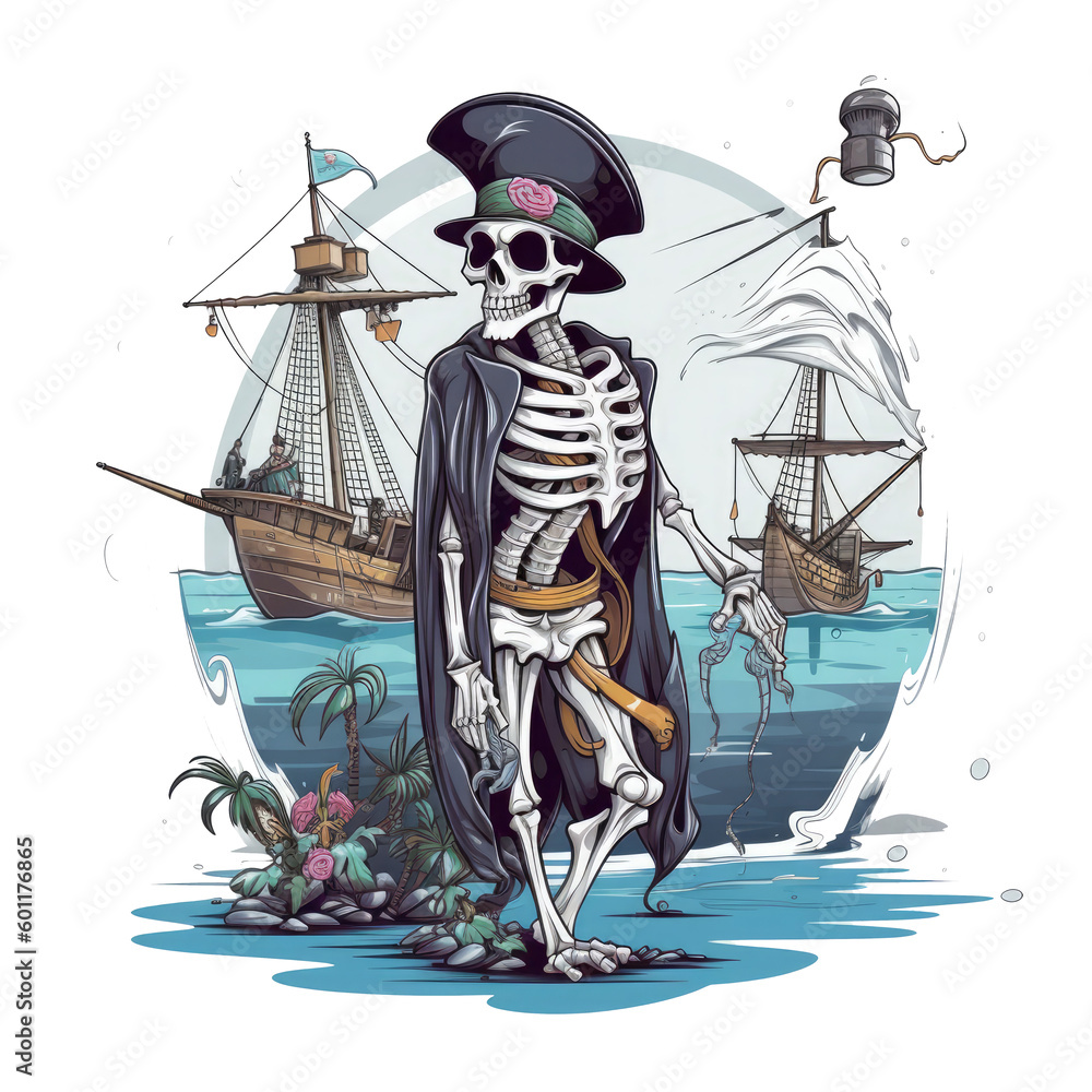 A witty pirate skeleton t-shirt design with a skeleton wearing a top ...