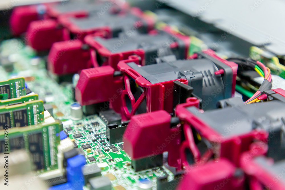 Inside view of opened multiprocessor server in rack frame of IT ...