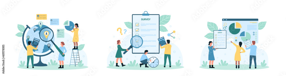 Sociology set vector illustration. Cartoon tiny people look through ...