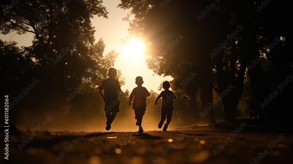 Children silhouette walking in the sunset park, play together in nature ...