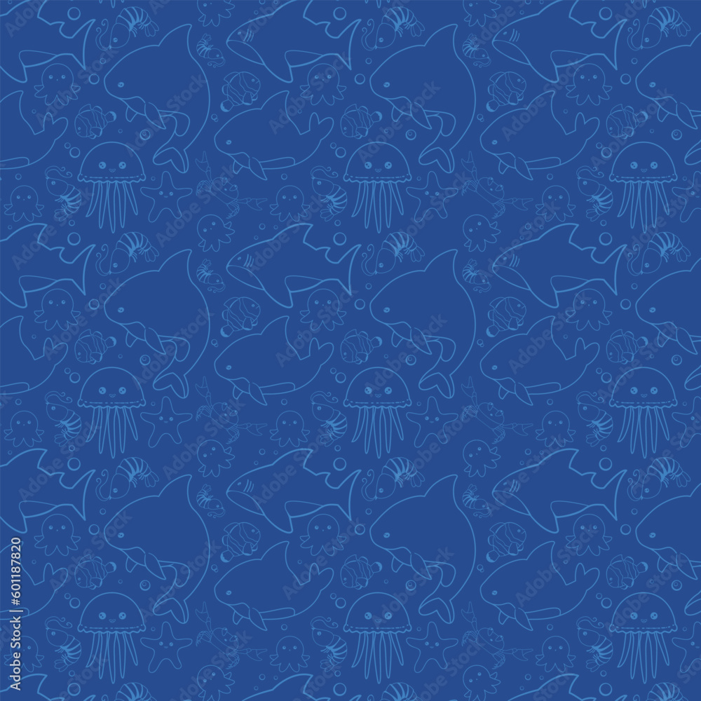 Cute cartoon ocean background with sea animals line art whale, fish ...