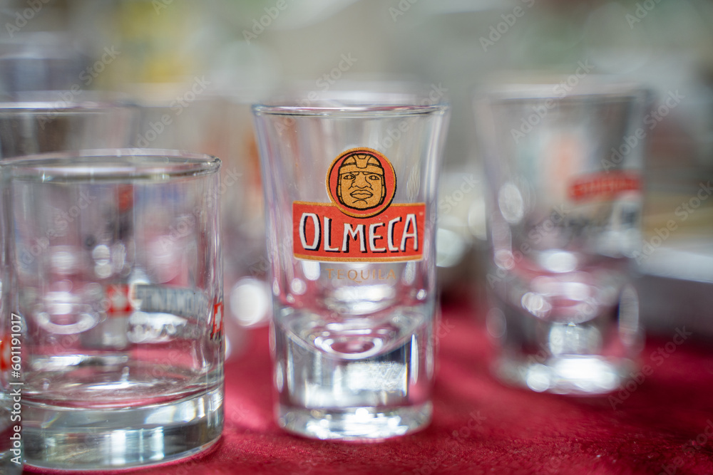 Olmeca tequila shot glass at the flea market. Ankara, Turkey - May 7 ...