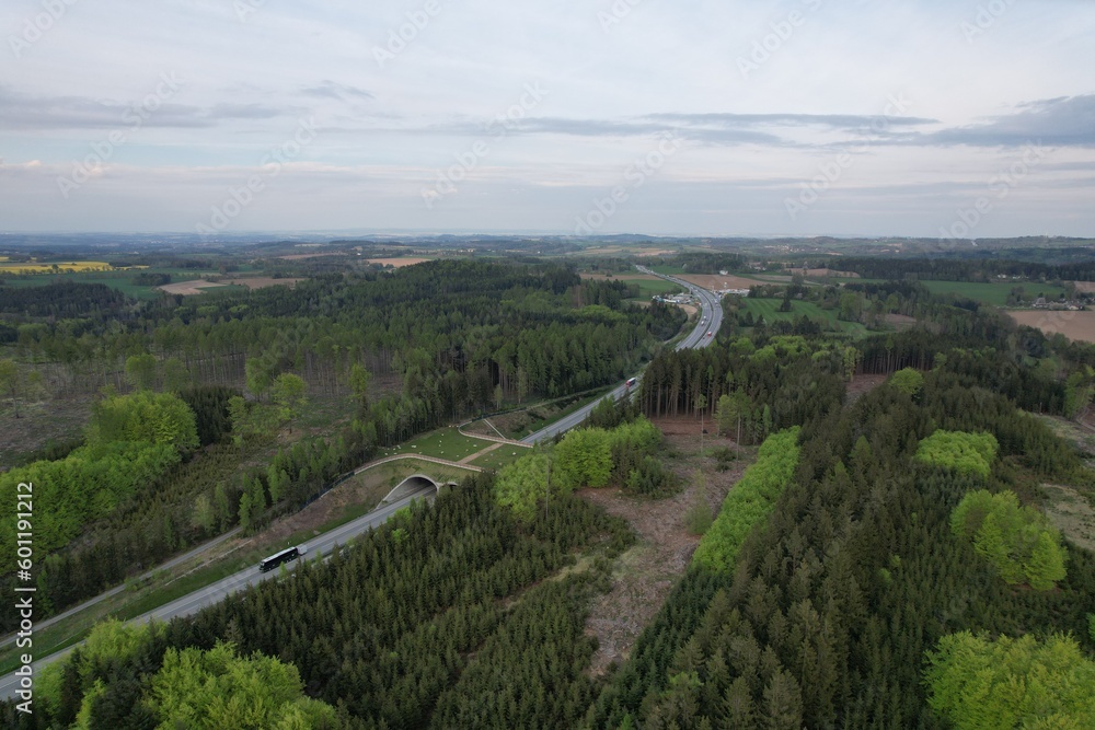 Aerial panorama view of ecoduct or wildlife crossing - vegetation ...