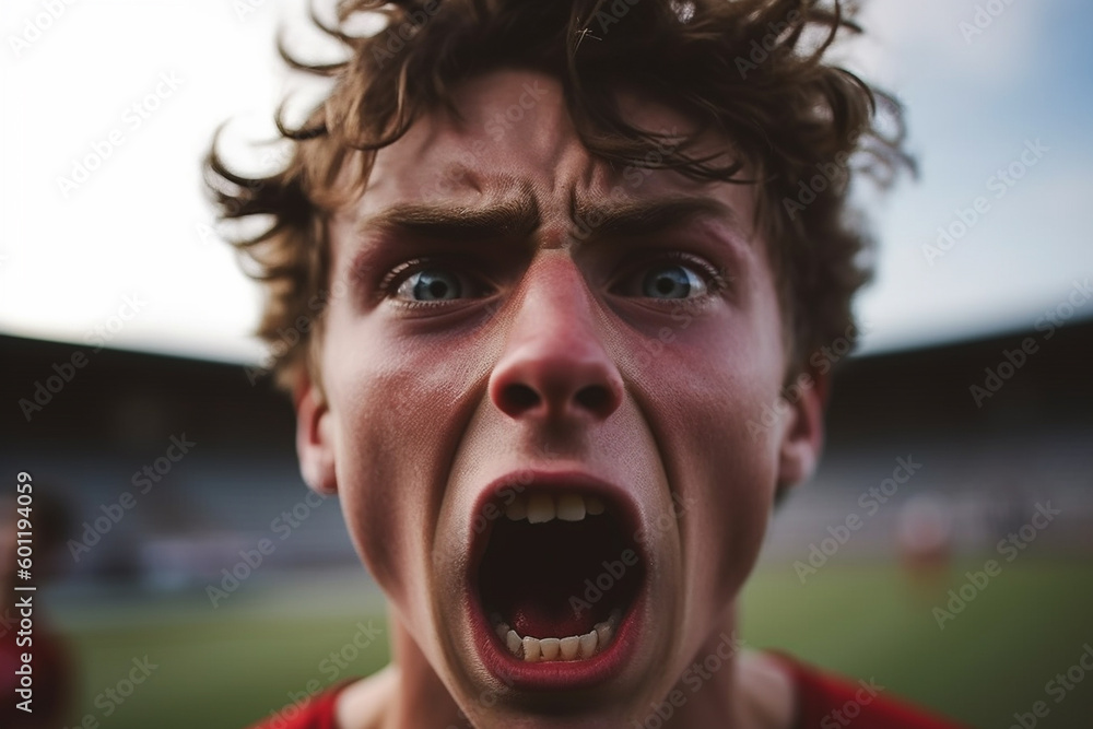 angry boy, kid in soccer stadium on soccer field, upset and dramatic ...