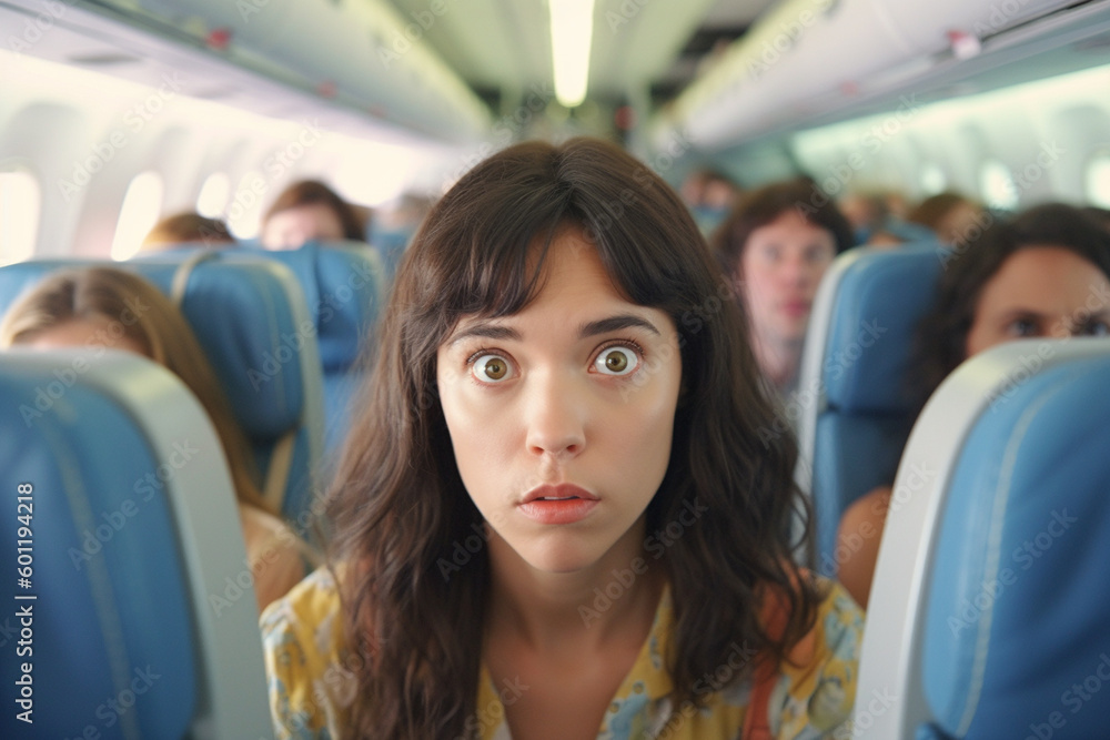young adult woman is shocked or insane, on airplane with passengers in ...