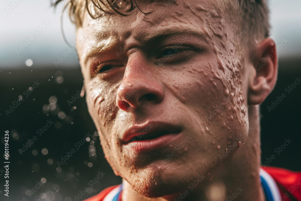 young adult male boy is sweating heavily wearing soccer jersey outside ...