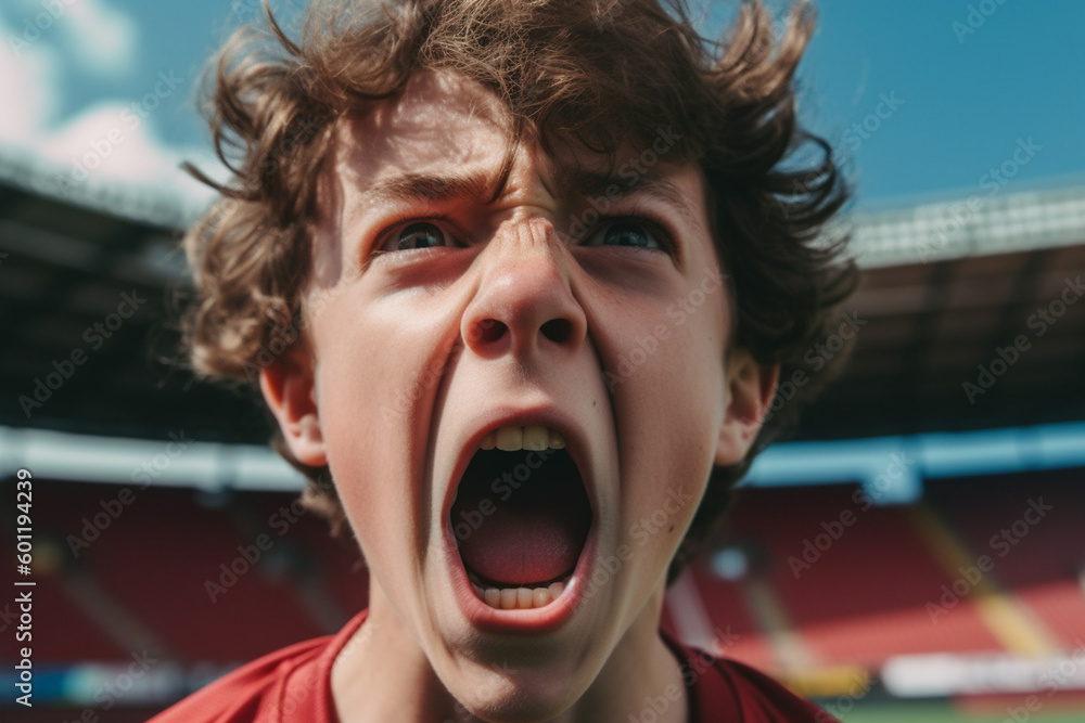 angry boy, kid in soccer stadium on soccer field, upset and dramatic ...