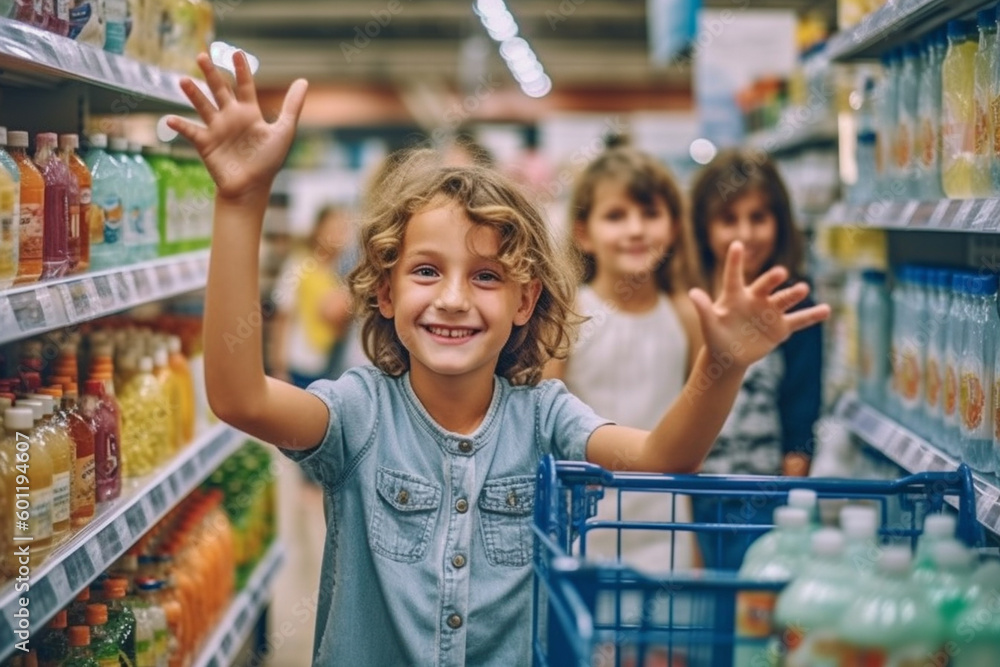 toddlers children girls in supermarket between product shelves with ...