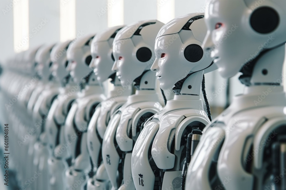 futuristic autonomous robot factory produces humanoid android robots ...