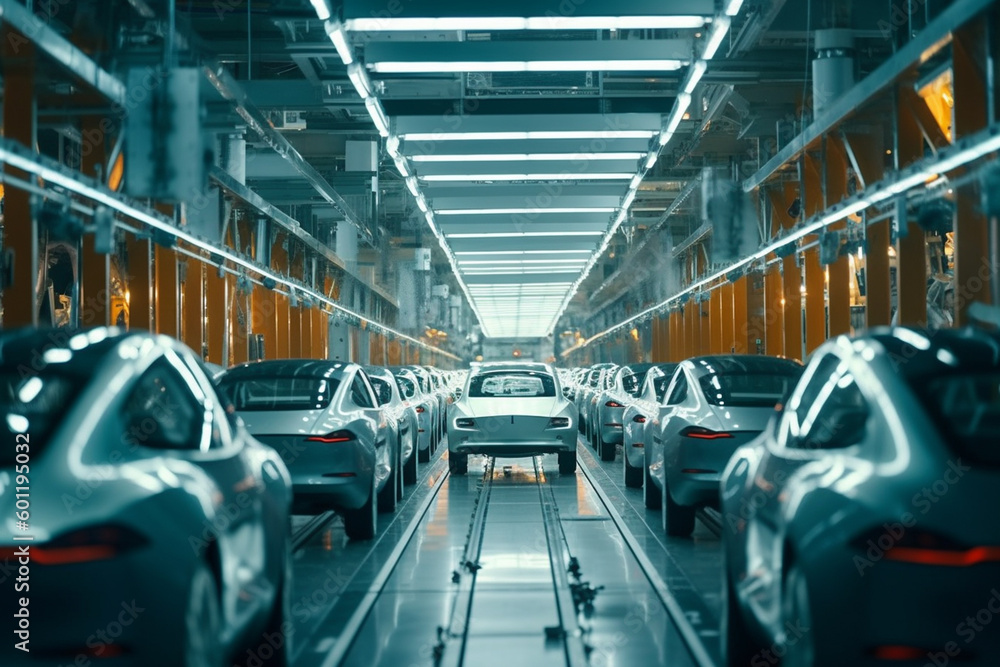 autonomous robot factory produces vehicles cars bodies in a big hall on ...
