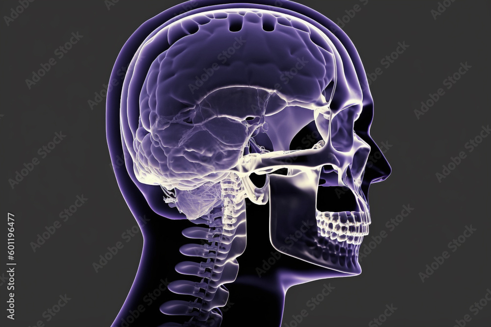 Radiography or X ray of head scan of a human skull with brain. Ai ...