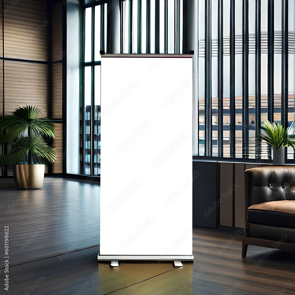 Photo & Art Print Rollup banner standee mockup in office background. AI ...