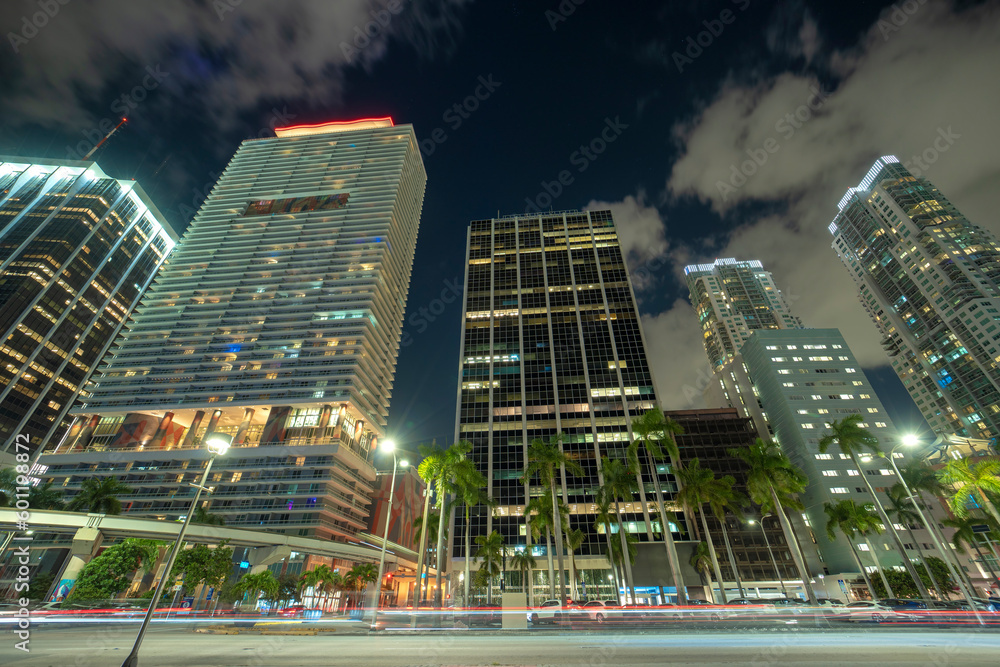 Downtown district of of Miami Brickell in Florida, USA. Brightly ...