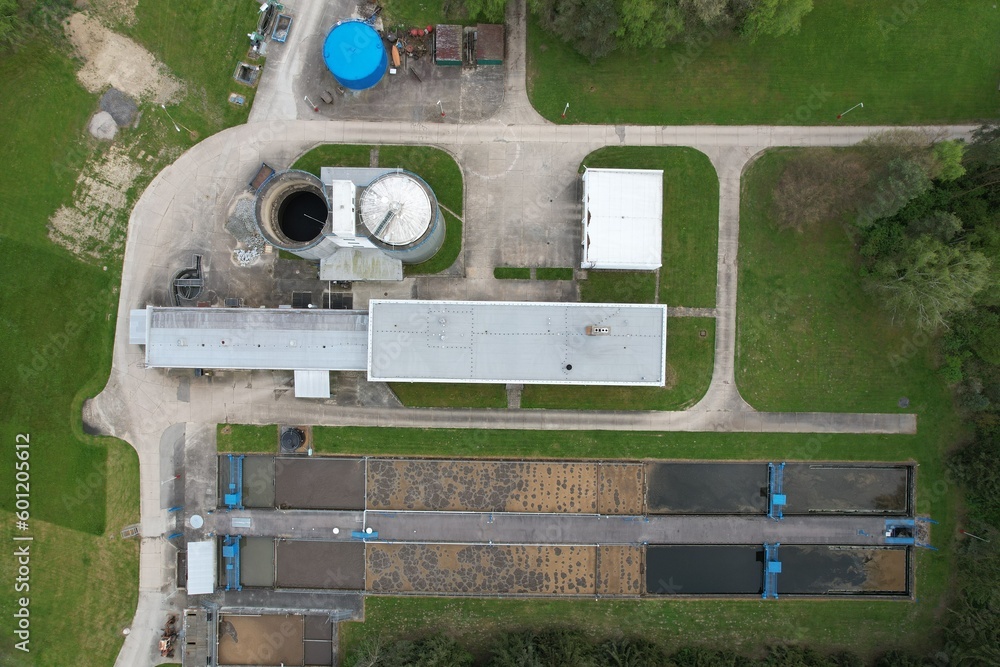 Aerial view of sewage treatment plant, filtration of polluted or waste ...