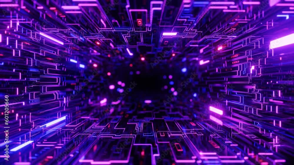 Complex holographic structures. Fly through mirror tunnel with neon ...