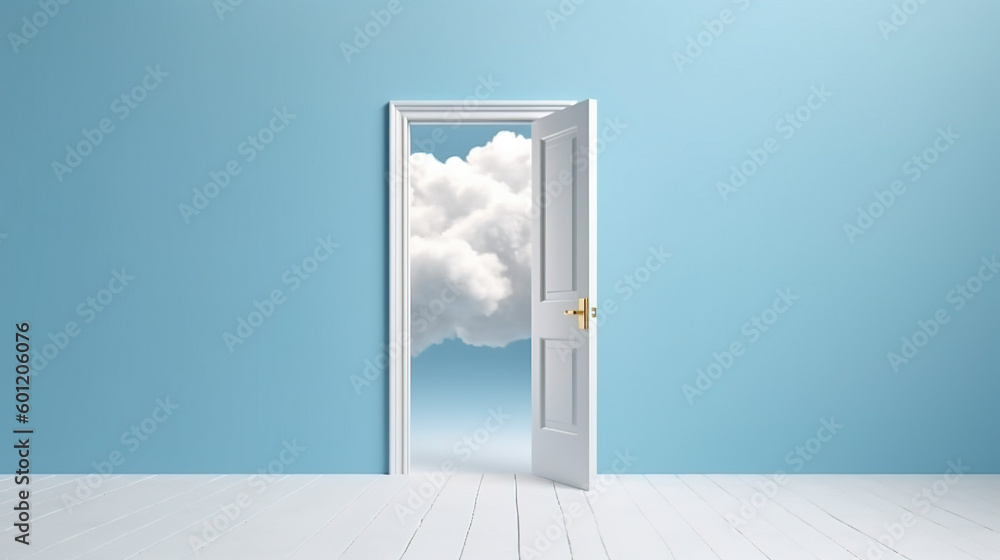 abstract background, white clouds with blue door opening, opportunity concept. Symbol of new ...