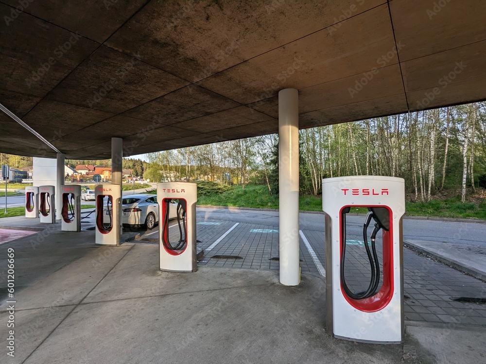 Humpolec, CZECH REPUBLIC - May 16 , 2023: Tesla charging stations are ...