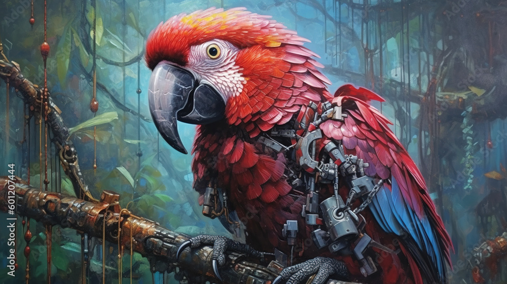Abstract parrot in a branch, cyberpunk, oil painting, cyborg, made form ...
