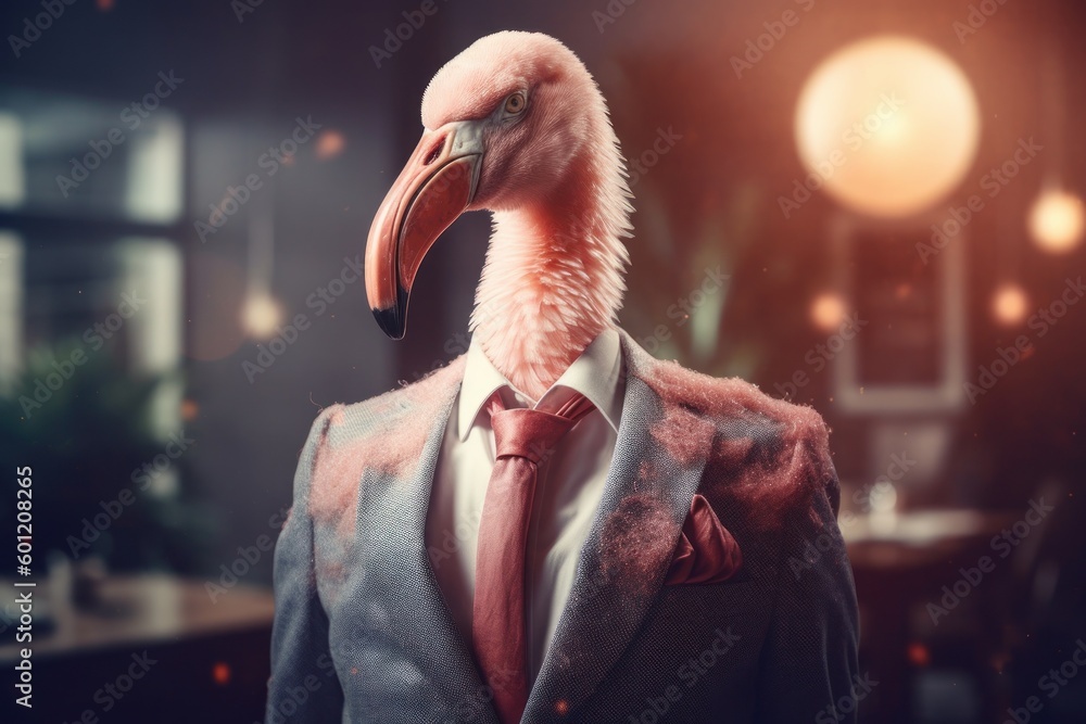 Anthropomorphic pink flamingo dressed in a suit like a businessman ...