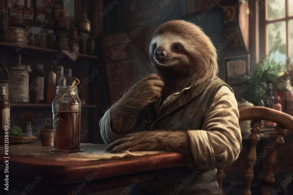 Anthropomorphic sloth in the role of a bartender in a bar or a waiter ...