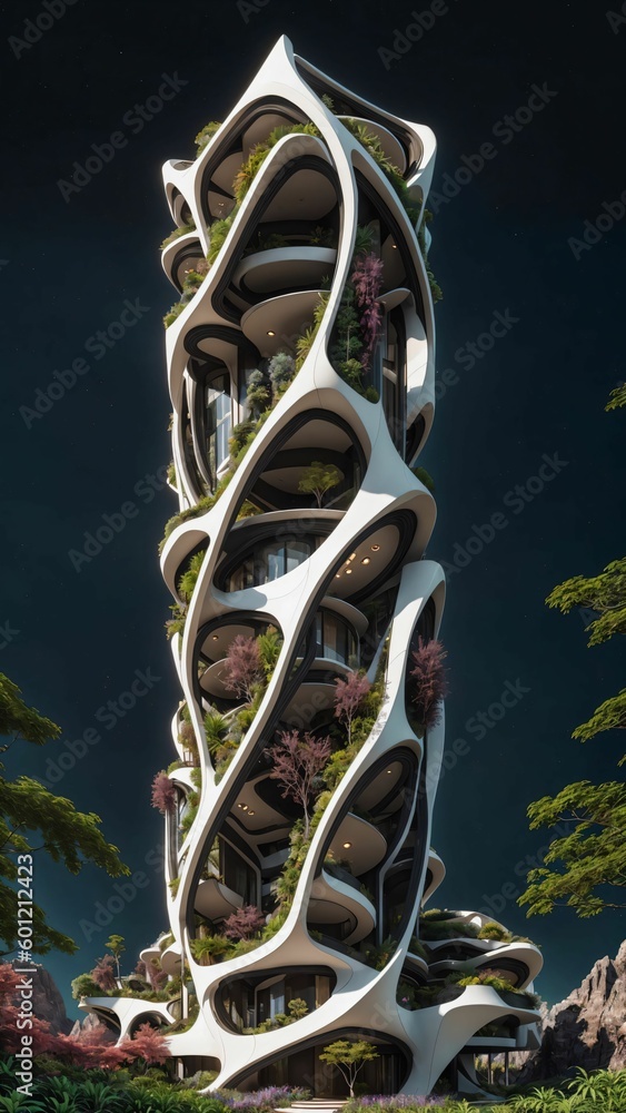 Landscape of a sci-fi futuristic architecture style vertical village ...