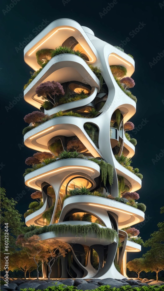 Landscape of a sci-fi futuristic architecture style vertical village ...