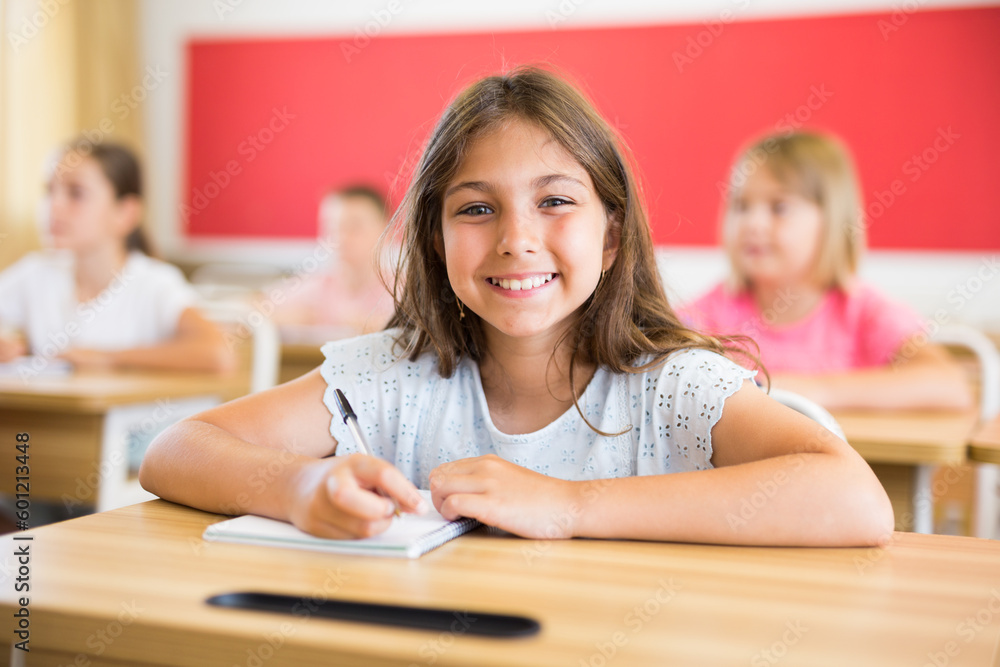 Smiling diligent elementary school student tween girl studying with ...