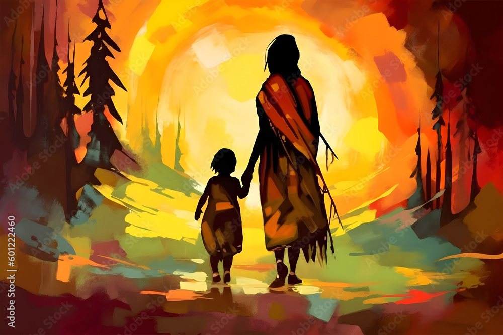 native american indian woman with child abstract art Stock Illustration ...