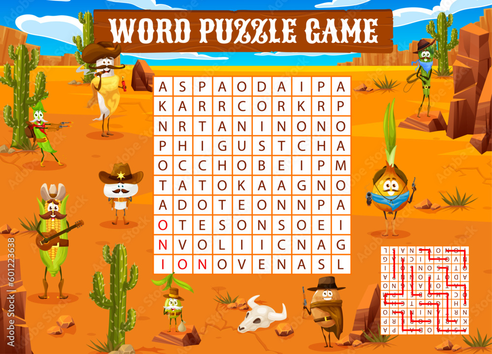 Vetor de Word search puzzle game, cartoon cowboy, sheriff, Indian and ...