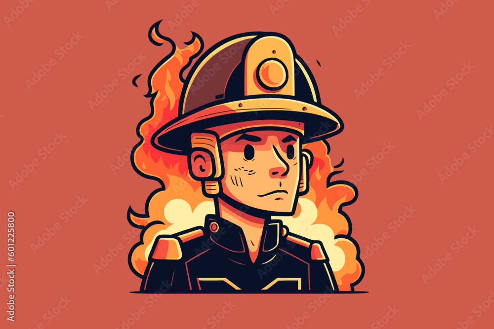 Doodle inspired Fire Captain, cartoon sticker, sketch, vector ...