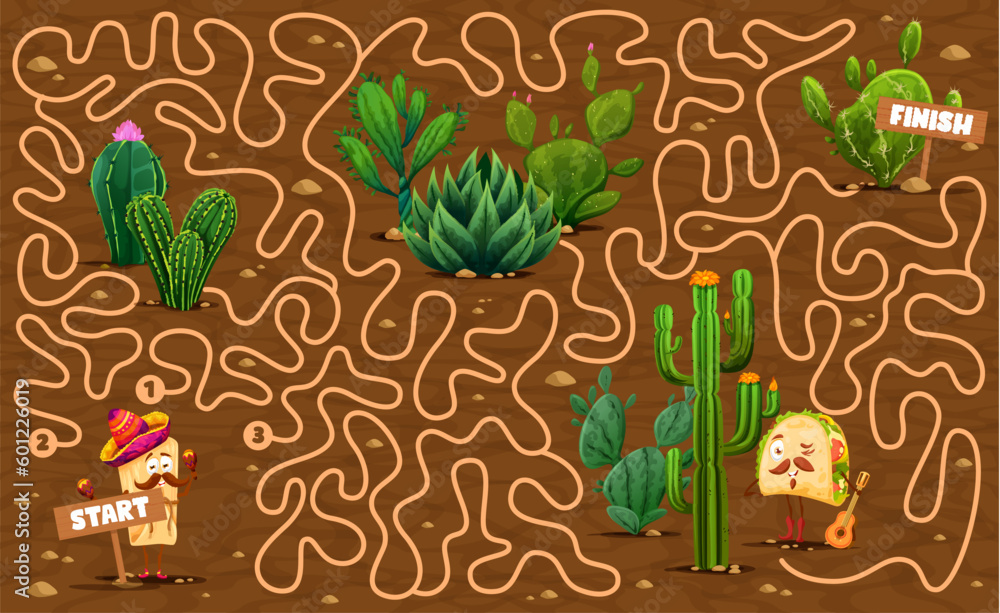 Labyrinth maze, mexican prickly cactus succulents kids game. Vector ...