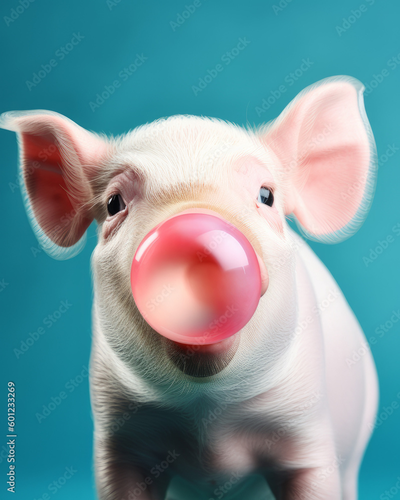 Funny pig isolated on blue background with chewing gum bubble. Created with generative AI tools ...