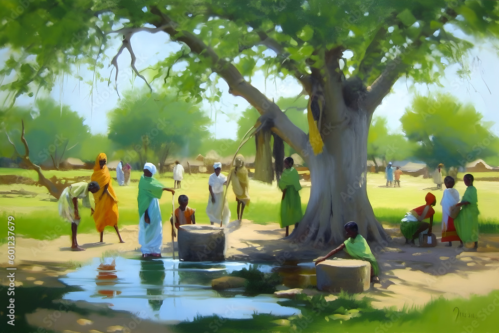 African village illustration. Tribe ethnic people. Neural network AI ...