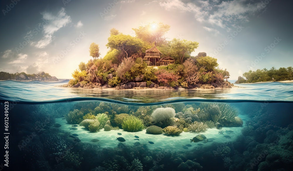 Tropical Island And Coral Reef - Split View With Waterline. Beautiful ...