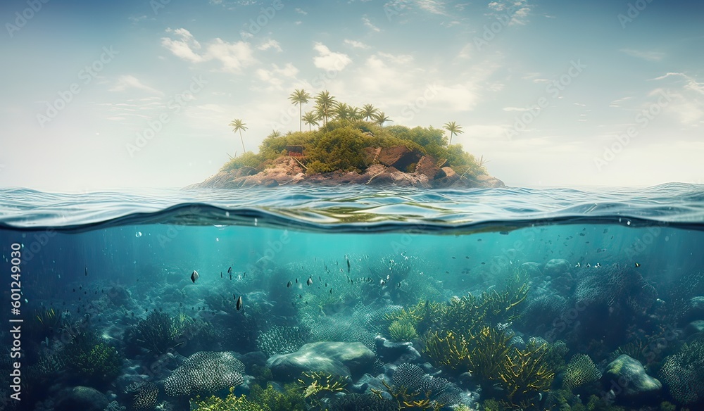 Tropical Island And Coral Reef - Split View With Waterline. Beautiful ...