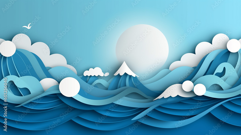 Abstract blue sea and beach summer background with curve paper wave and ...
