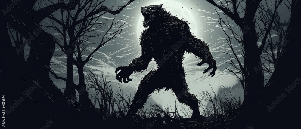werewolf howling at the moon in a forest with twisted trees Generative ...