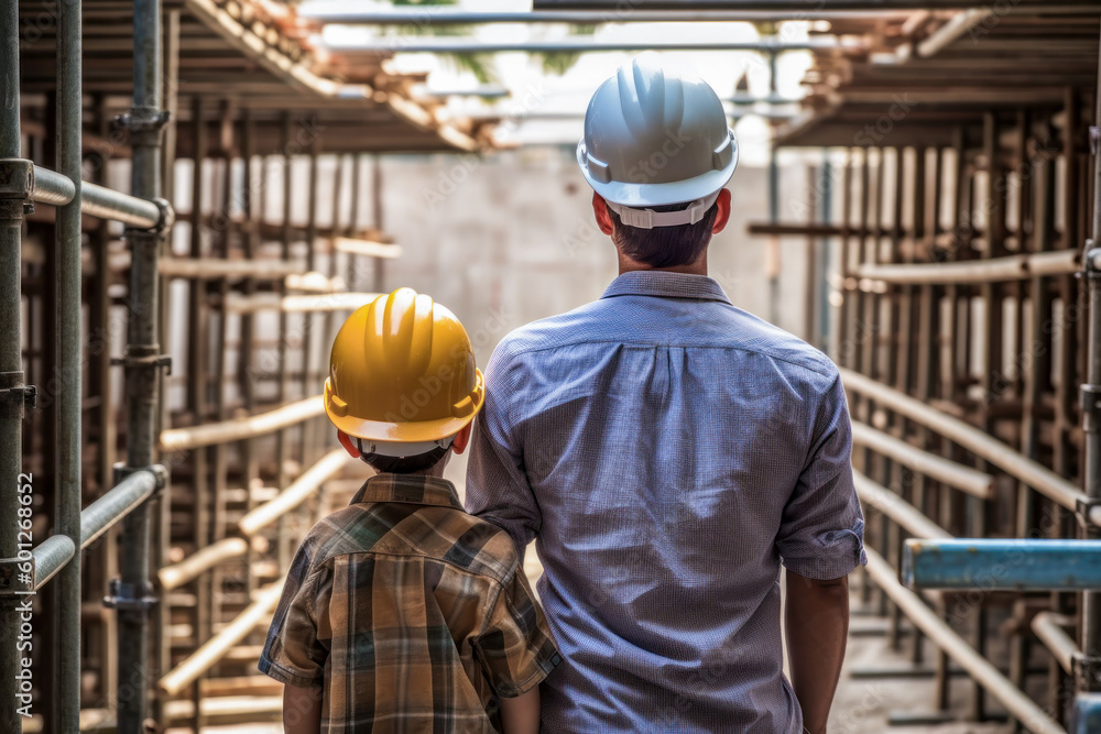 Father and son wearing a construction helmet looking at building under ...