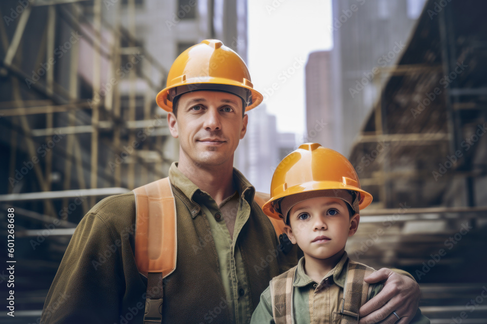 Father and son wearing a construction helmet in a construction. Fathers ...