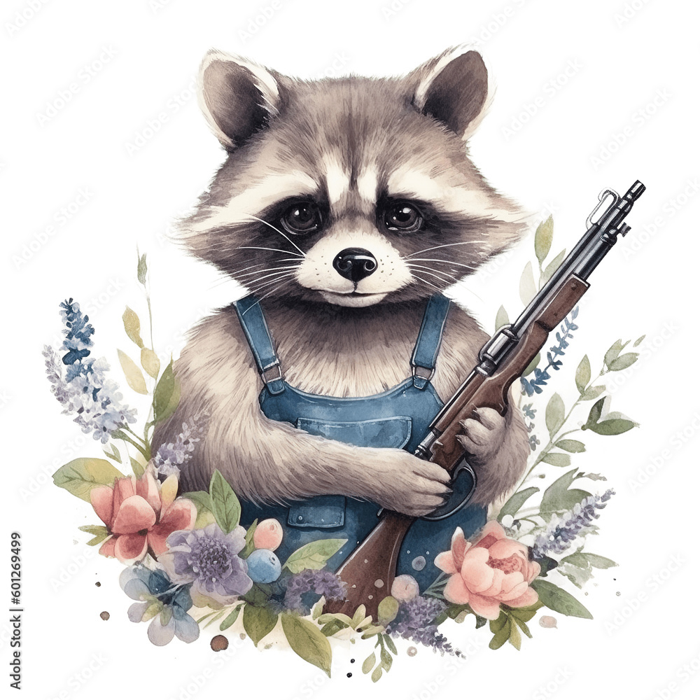 Raccoon soldier, raccoon soldier cartoon watercolor clipart, raccoon ...