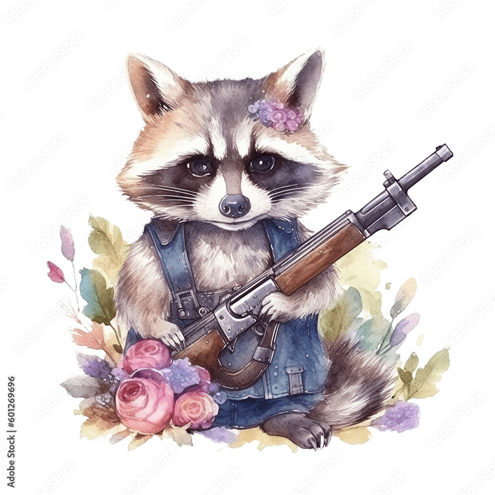 Raccoon soldier, raccoon soldier cartoon watercolor clipart, raccoon ...
