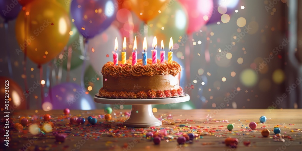Happy birthday cake with candles, balloons and confetti background ...