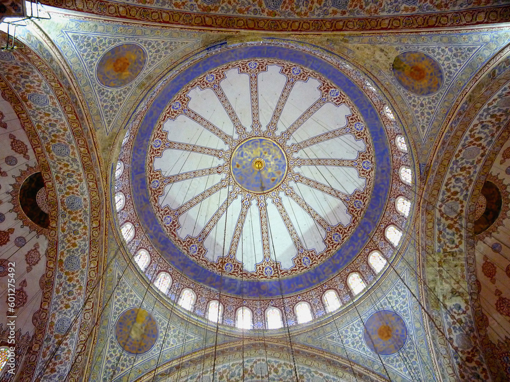 Opulent murals and ceiling wall paintings inside Arabic mosque with ...