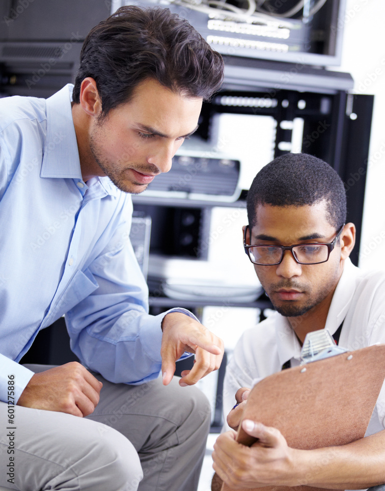 IT, teamwork and men with clipboard in server room for maintenance ...