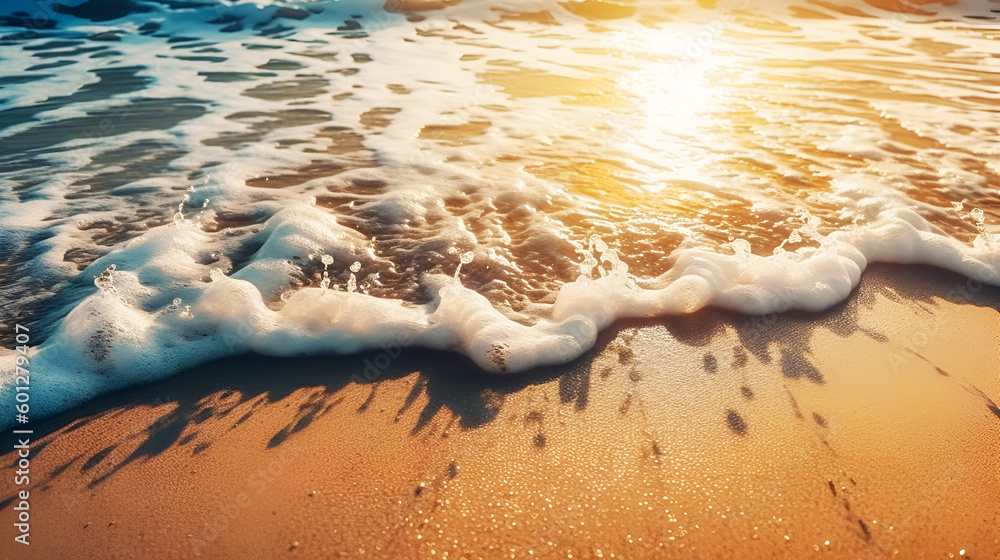 Beautiful sand beach in sunset time. Close up sea wave on sand beach ...