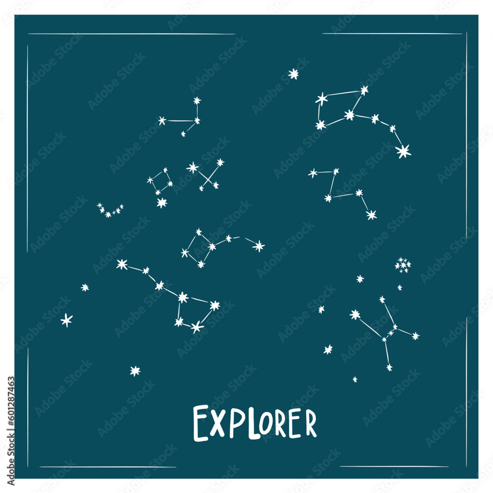 Constellations in cartoon style on a dark blue background. Handwritten ...