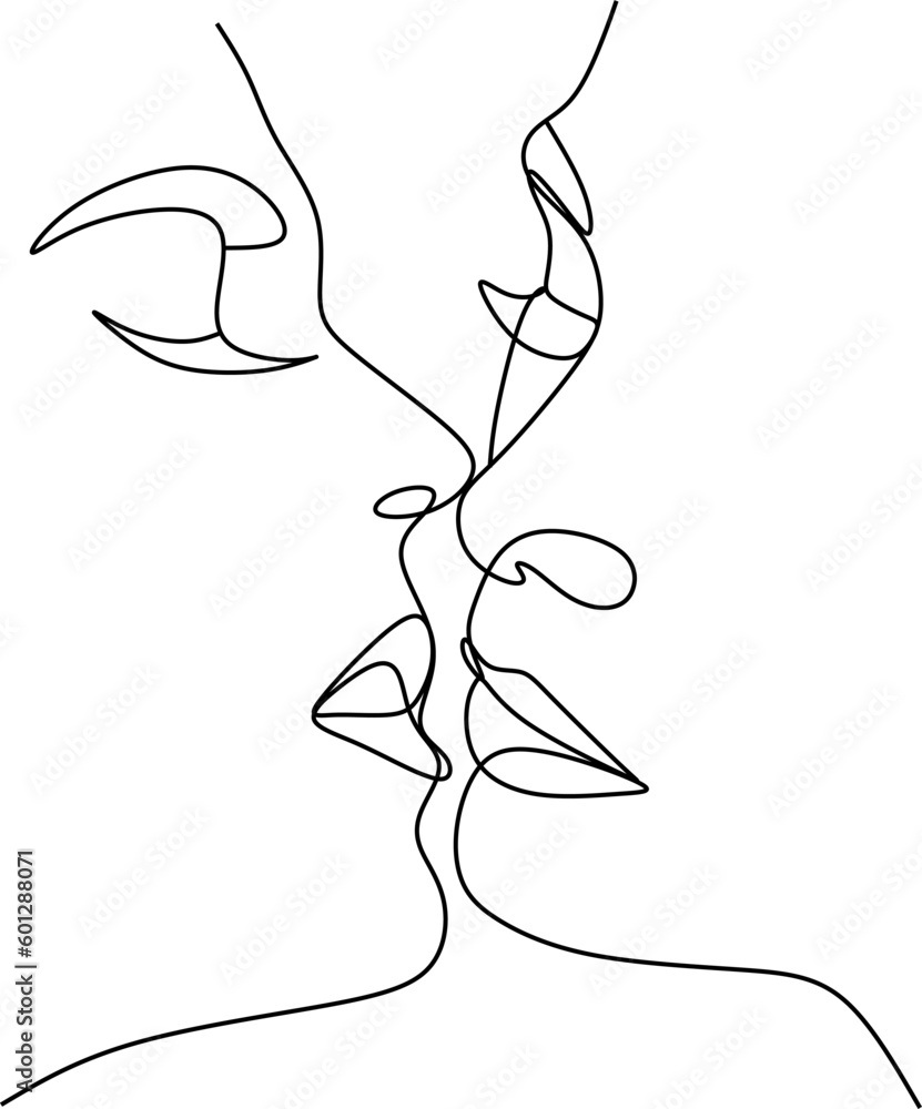 Linear lovers. Man and woman faces in minimal style. One continuous ...